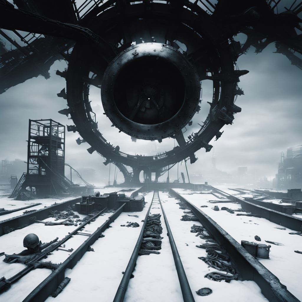 Cyberpunk Pteranodon Skull Amidst Industrial Decay - AI Art