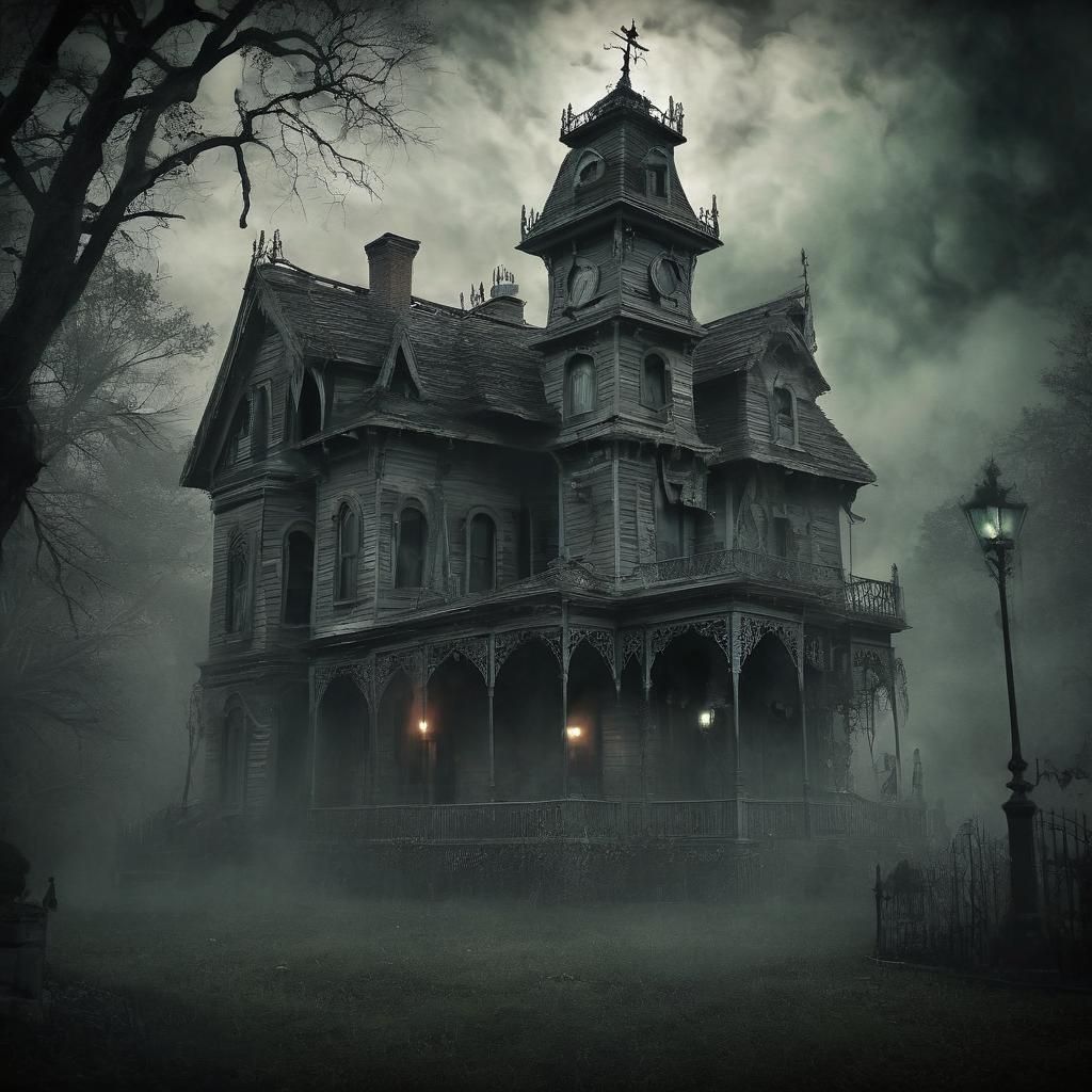 Cursed Cryptic Echoes, ghostly figures, haunted mansion, sinister mist ...