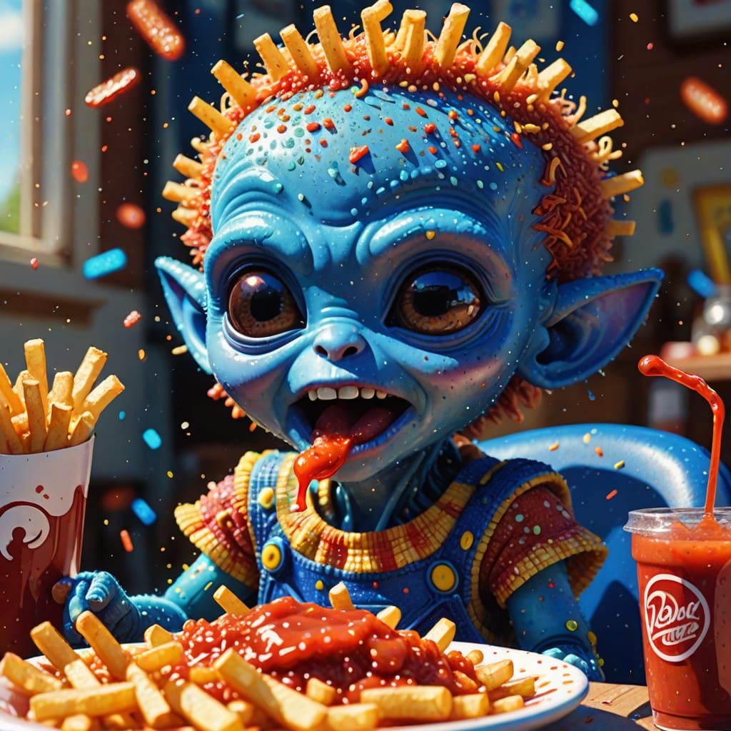 A cute and gunny blue baby alien enjoying French fries with splashes of ...