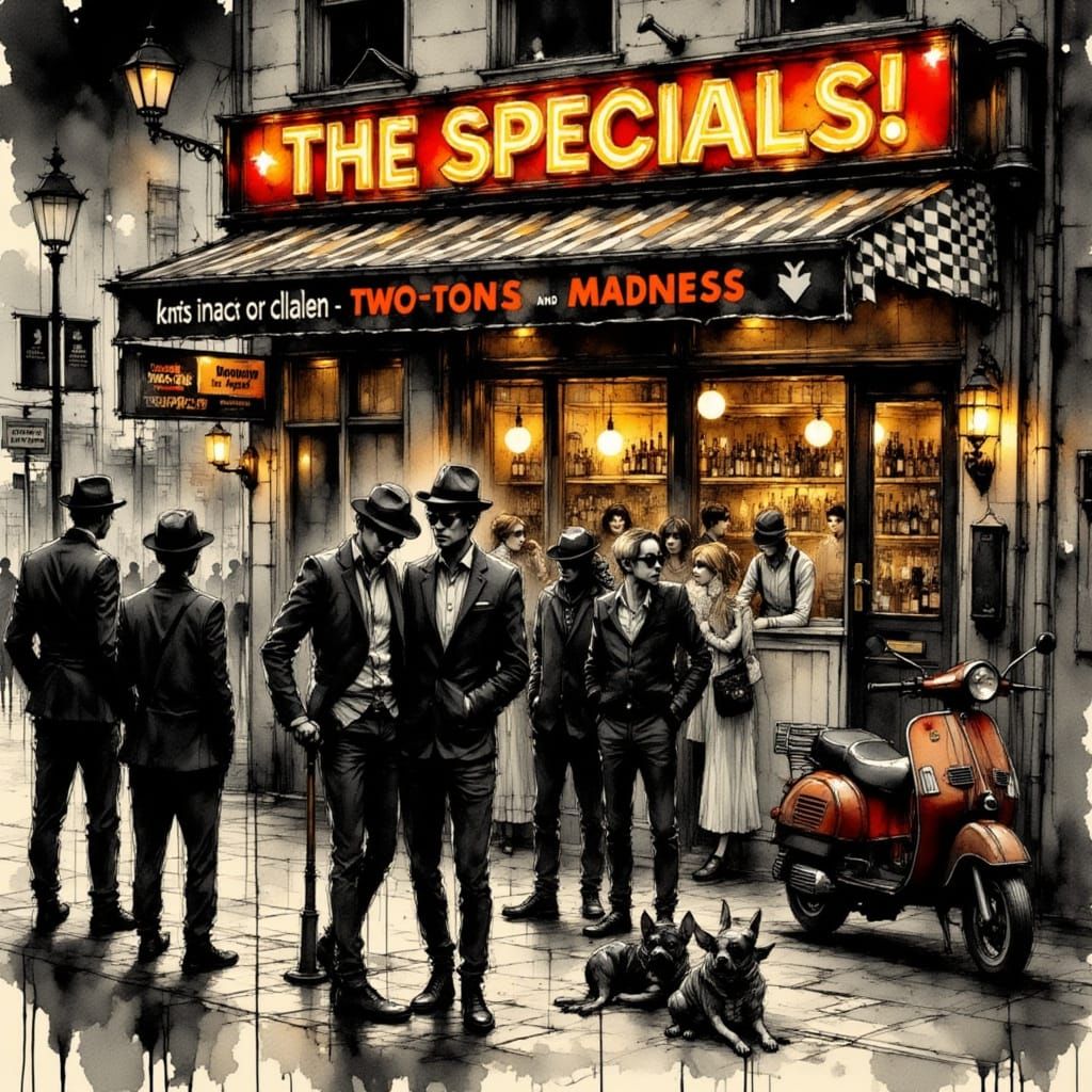 A lively group of Ska fans gathers outside a classic London music venue.