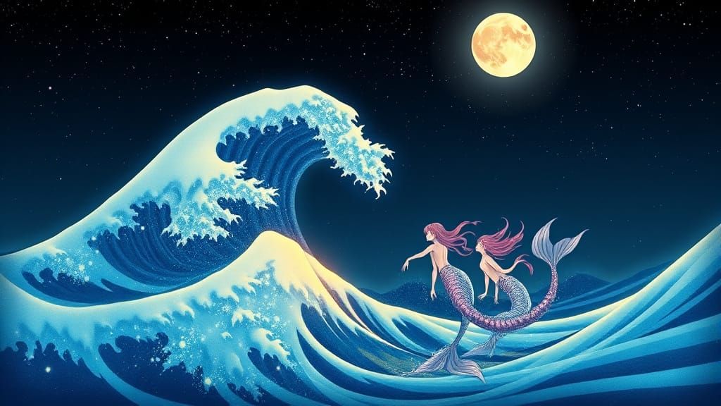 Moonlit Mermaids Dance on the Great Wave - AI Art