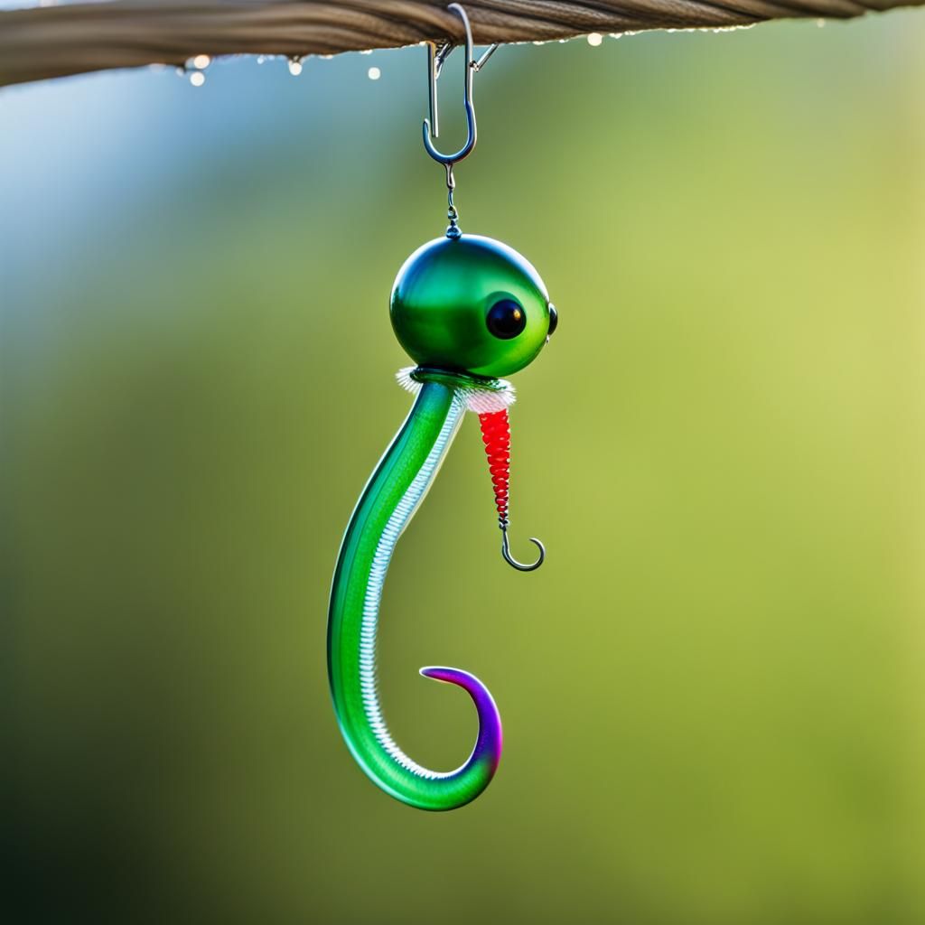 A fishing lure shaped like an alien. It has a fishing hook. Hanging ...