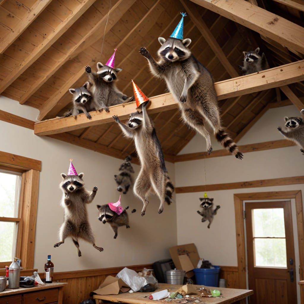Mischievous Raccoons Dance in a Whimsical Attic Pa... - AI Art