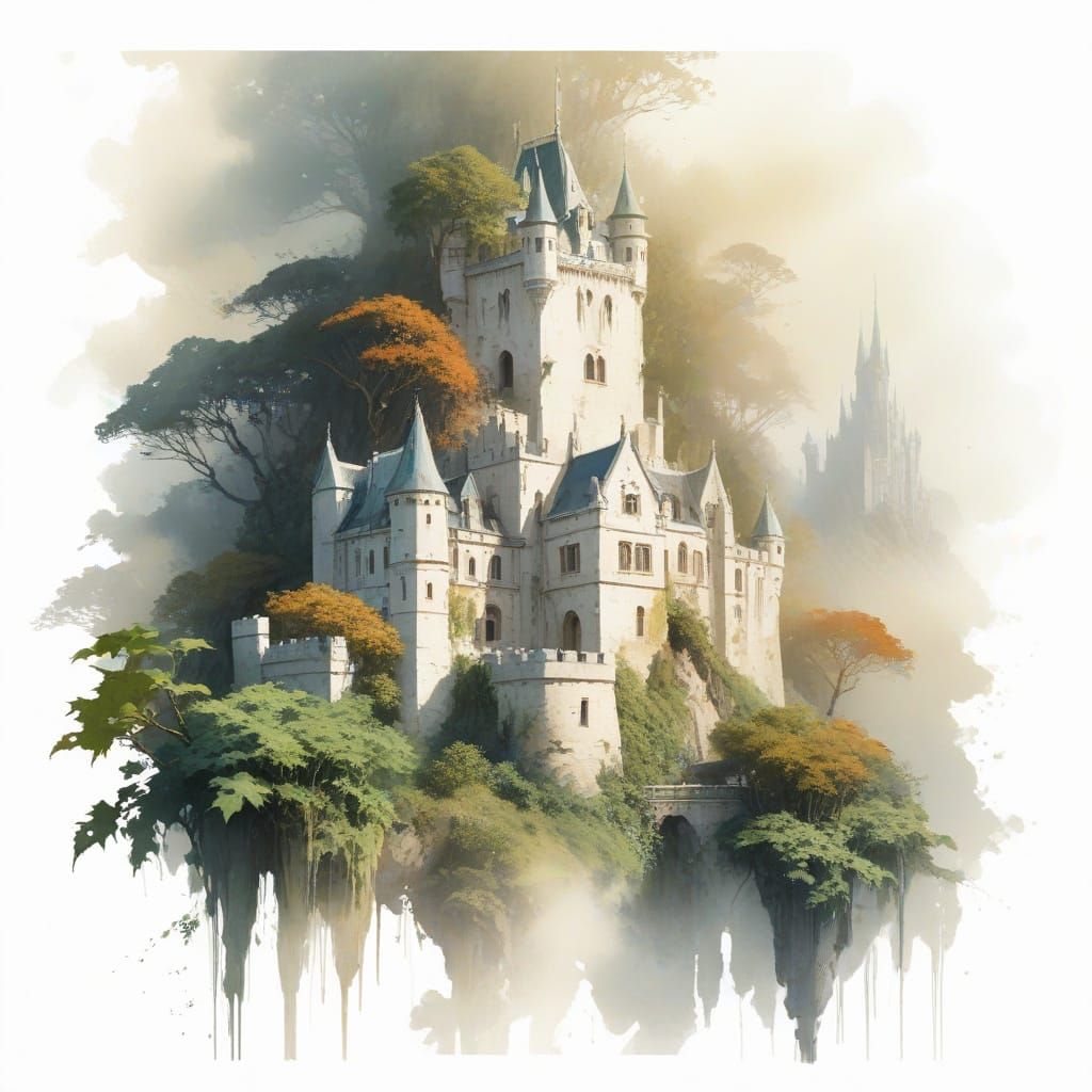 Ethereal Castle in Mysterious Fog - AI Art
