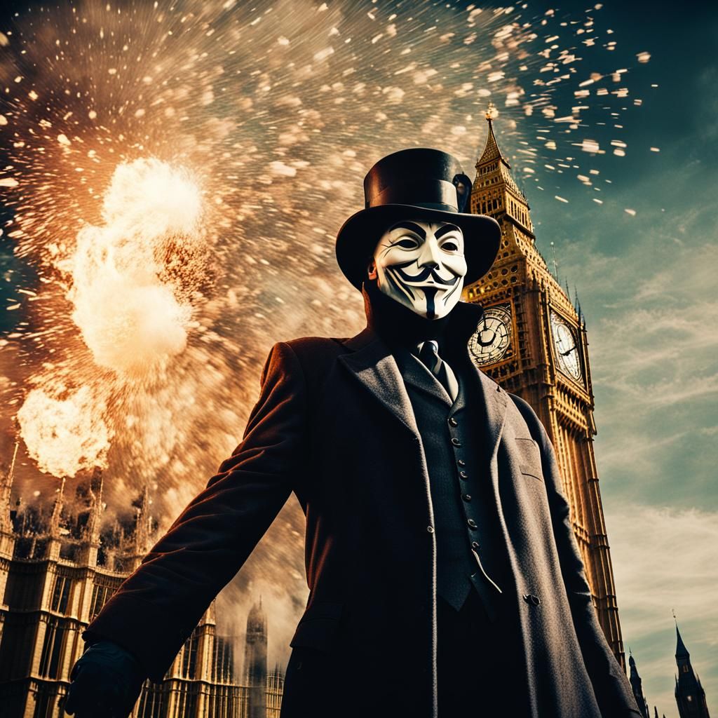 Man with V from Vendetta mask explode Big Ben in London - AI Generated ...