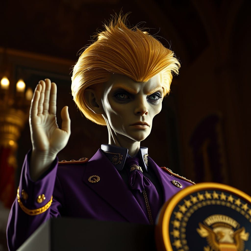 Regal Alien President in Trump Wig Takes Oath - AI Art