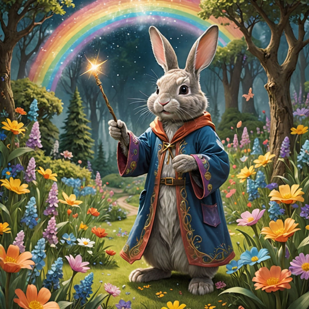The easter bunny dressed as a wizard, waving a magic wand, causing ...
