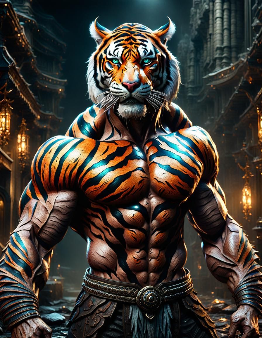 Monster man, beautiful face and eyes, tiger skin, tiger massive muscle ...