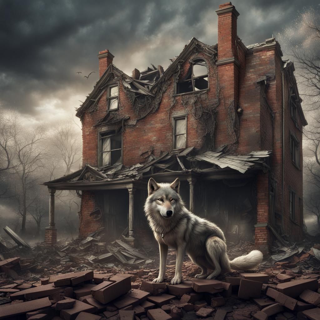 Anthropomorphic wolf outside a wrecked brick house Epic cinematic ...