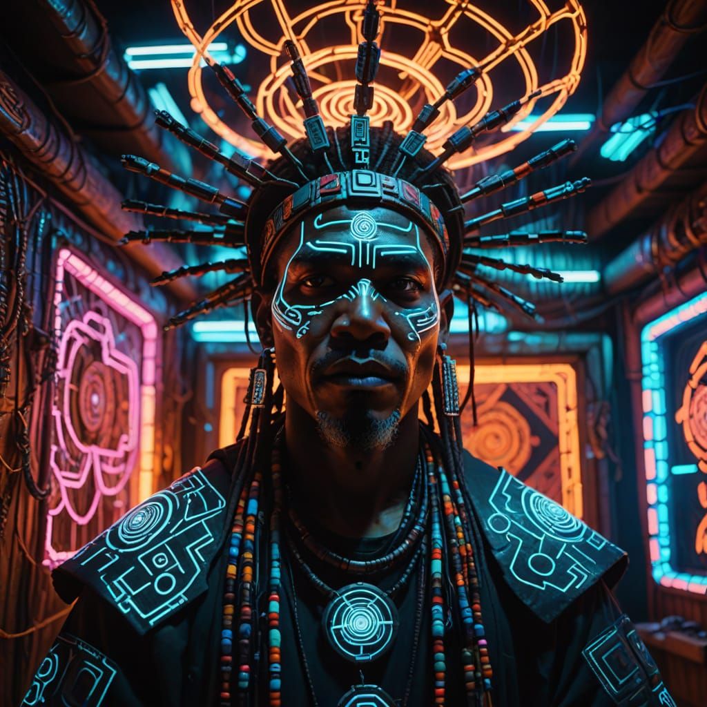 A (spiritual healer) sits in a futuristic hut filled with glowing ...