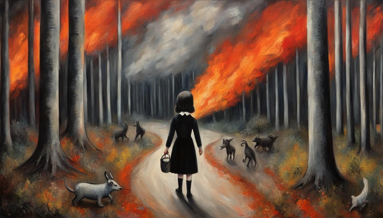 wednesday addams causes a forest fire. beasts run. by chagall and david lynch. oil painting ...