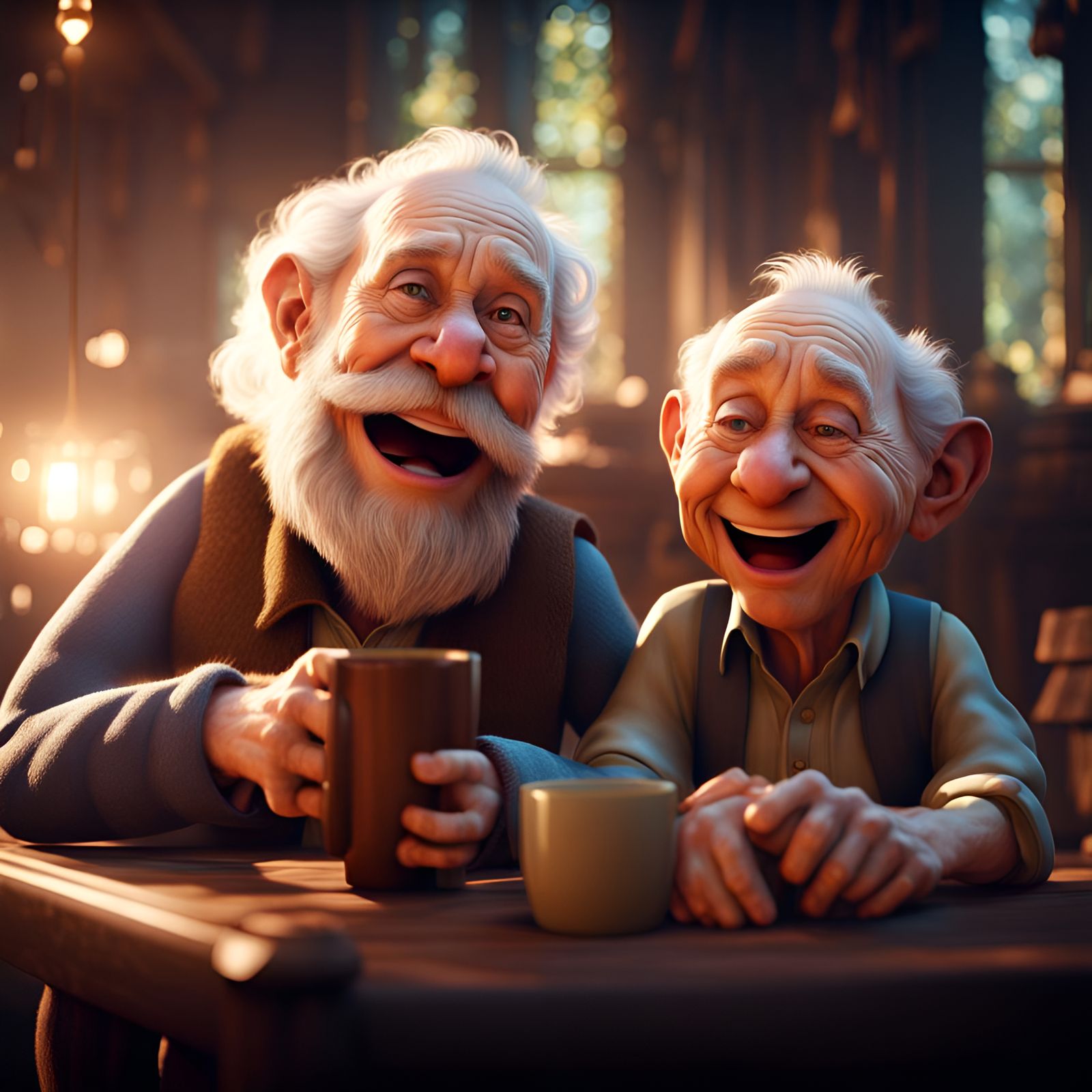 Two very old friends laughing and reminiscing on the past - AI ...