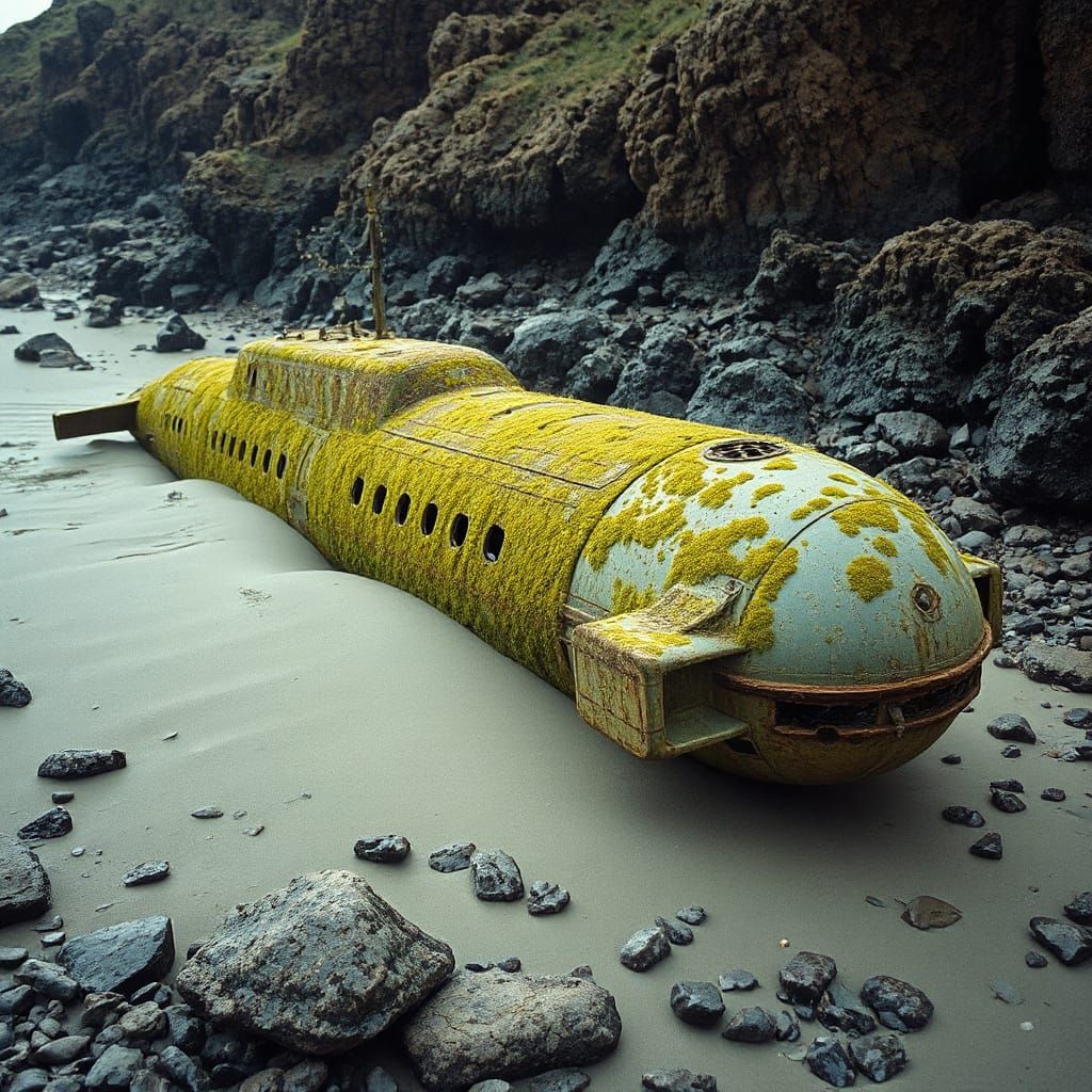 Weathered Submarine Stranded on Rocky Beach in Cin... - AI Art