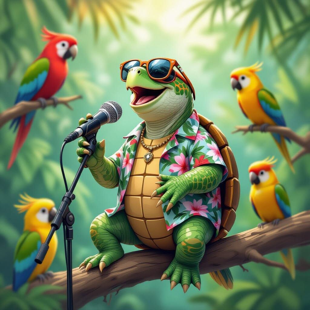 Singing Turtle Concert with Tropical Birds - AI Art