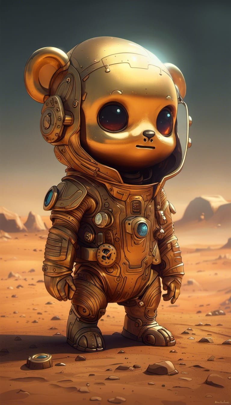 cute Chibi golden alien Bear character, mars wasteland, warm tones : by ...