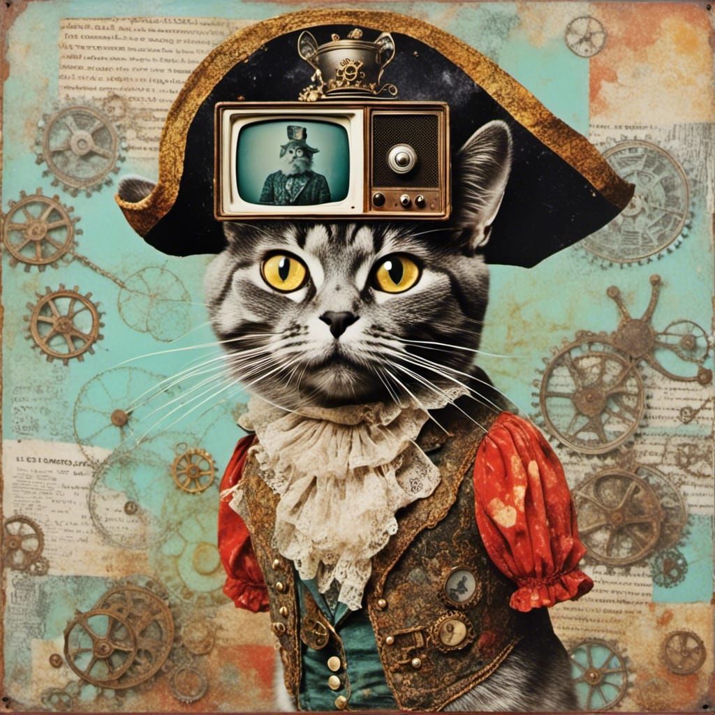 cat pirate with a vintage tv head, zetti collage,encaustic collage - AI ...