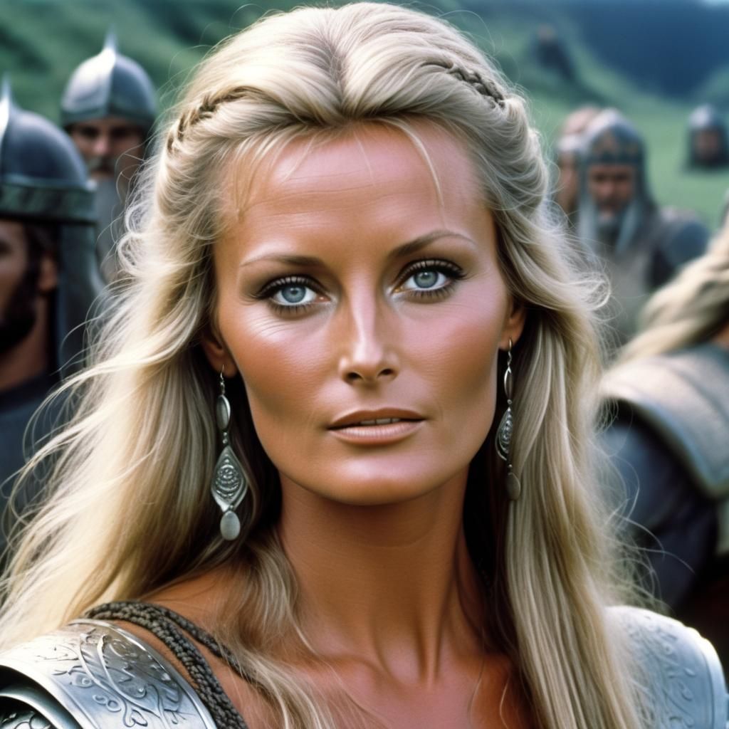 Young and blonde Bo Derek as Brunhilde in silver harmor. color ...