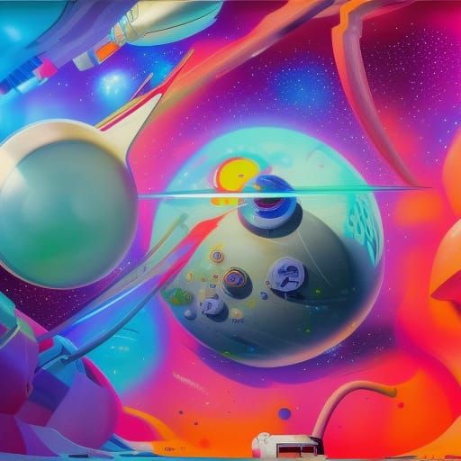 Futuristic chromatic space-station, stay in the space in front of the ...