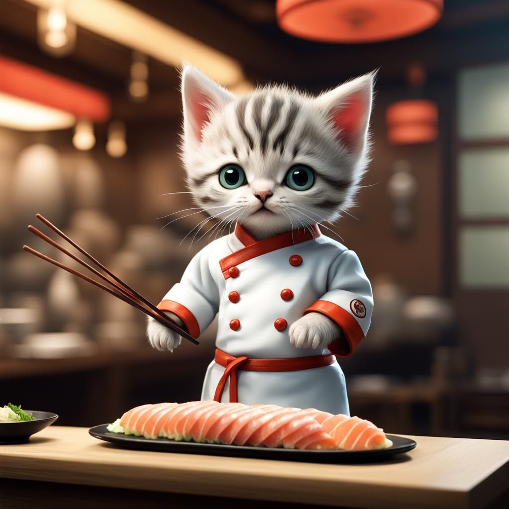 Adorable baby kitten wearing sushi chef uniform standing in a Japanese ...