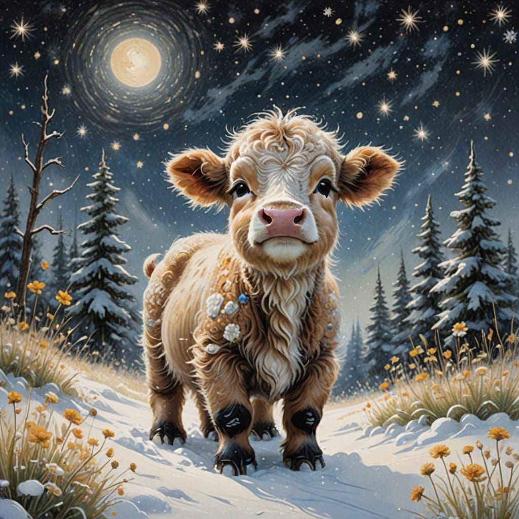 A chubby long hair little baby cow cub with soft, downy fur and ...