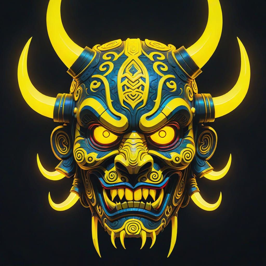 Neon Glowing Yellow Oni Mask AI - Ethereal Neon Oni Mask Rad...