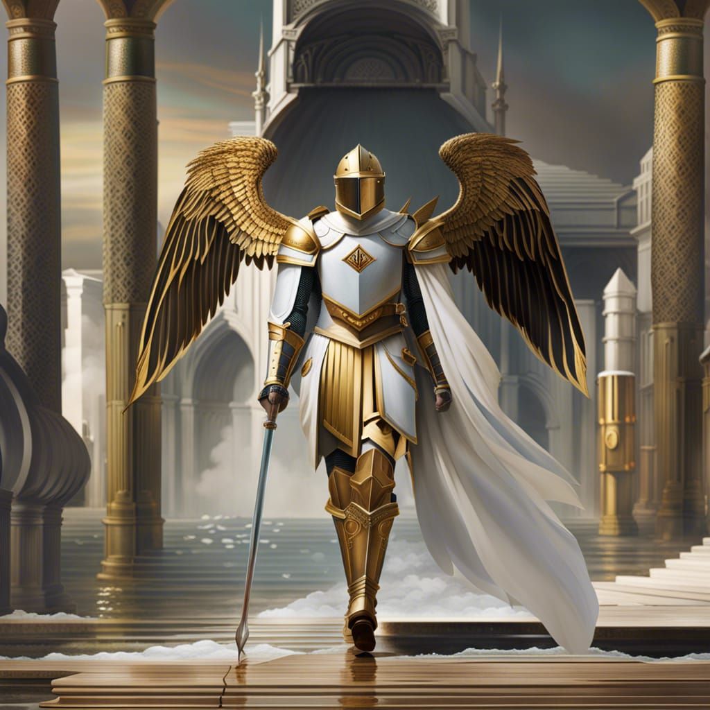 detailed picture of a knight walking with golden wings and a sword ...