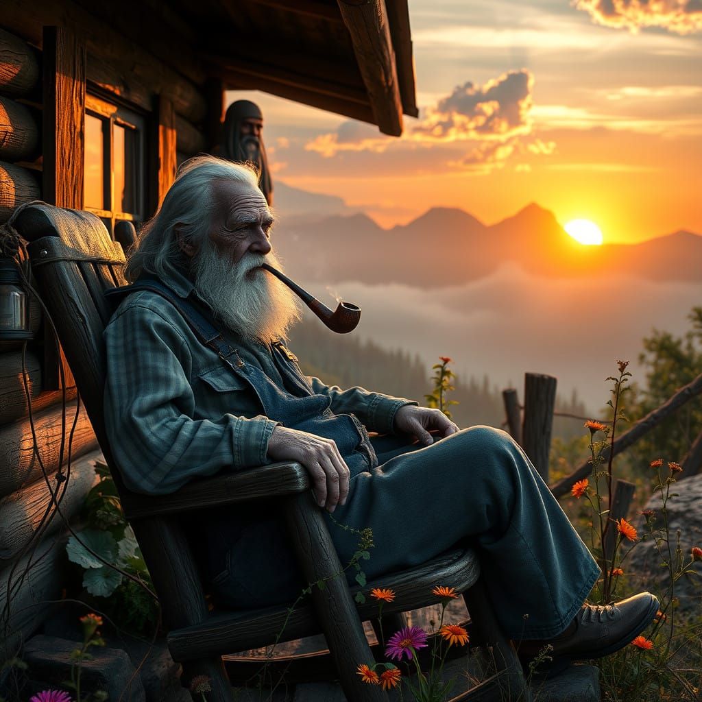 Weathered Hillbilly Watches Sunset on Mountain Por... - AI Art