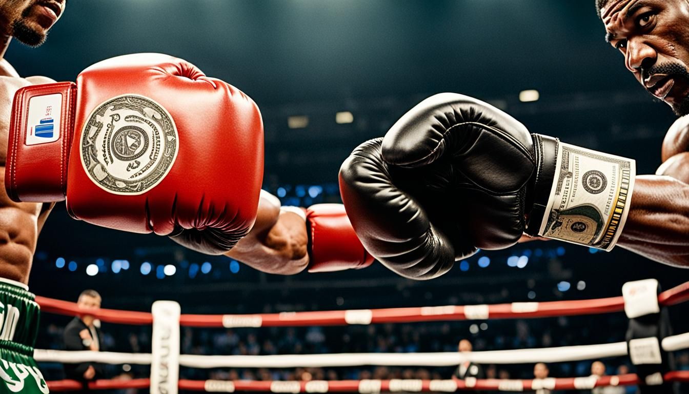 a picture of a dollar bill fist fighting with a credit card in a boxing ...