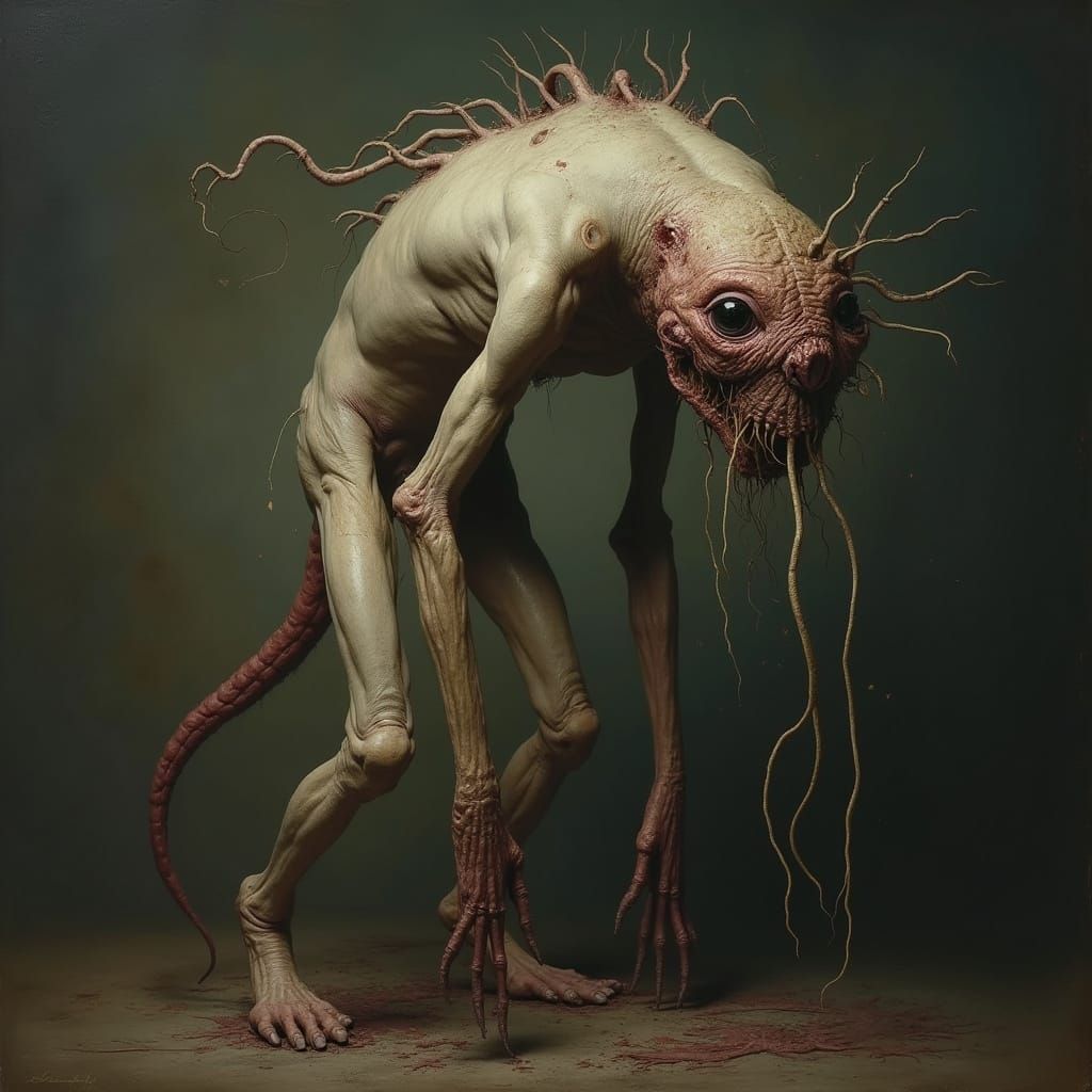 Creepy unsettling uncanny human animal monster hybrid with gross features