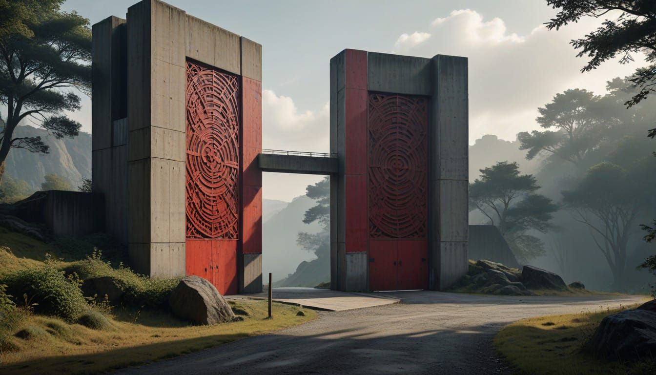 Mysterious Neo-Brutalist Gate in Ominous Red Atmos... - AI Art