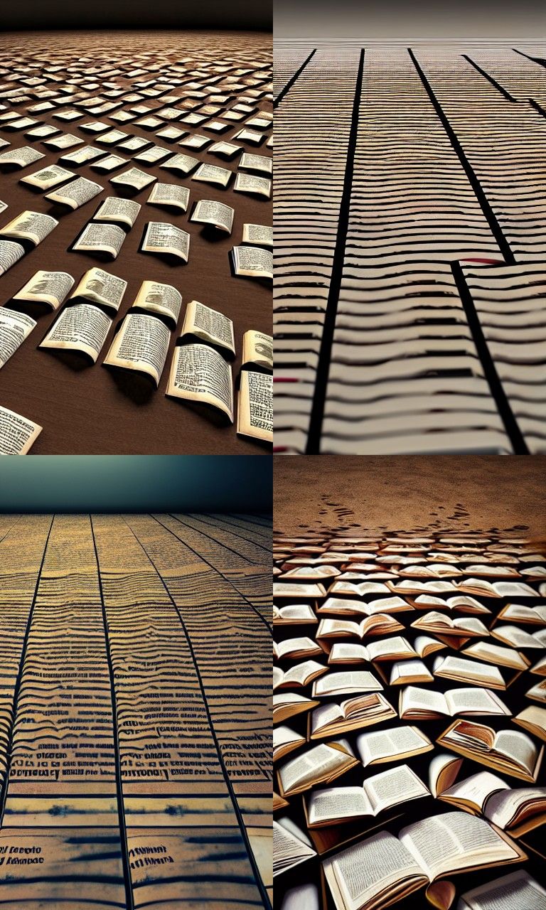 Realistic painting of a long trail of weathered books laying across the ...