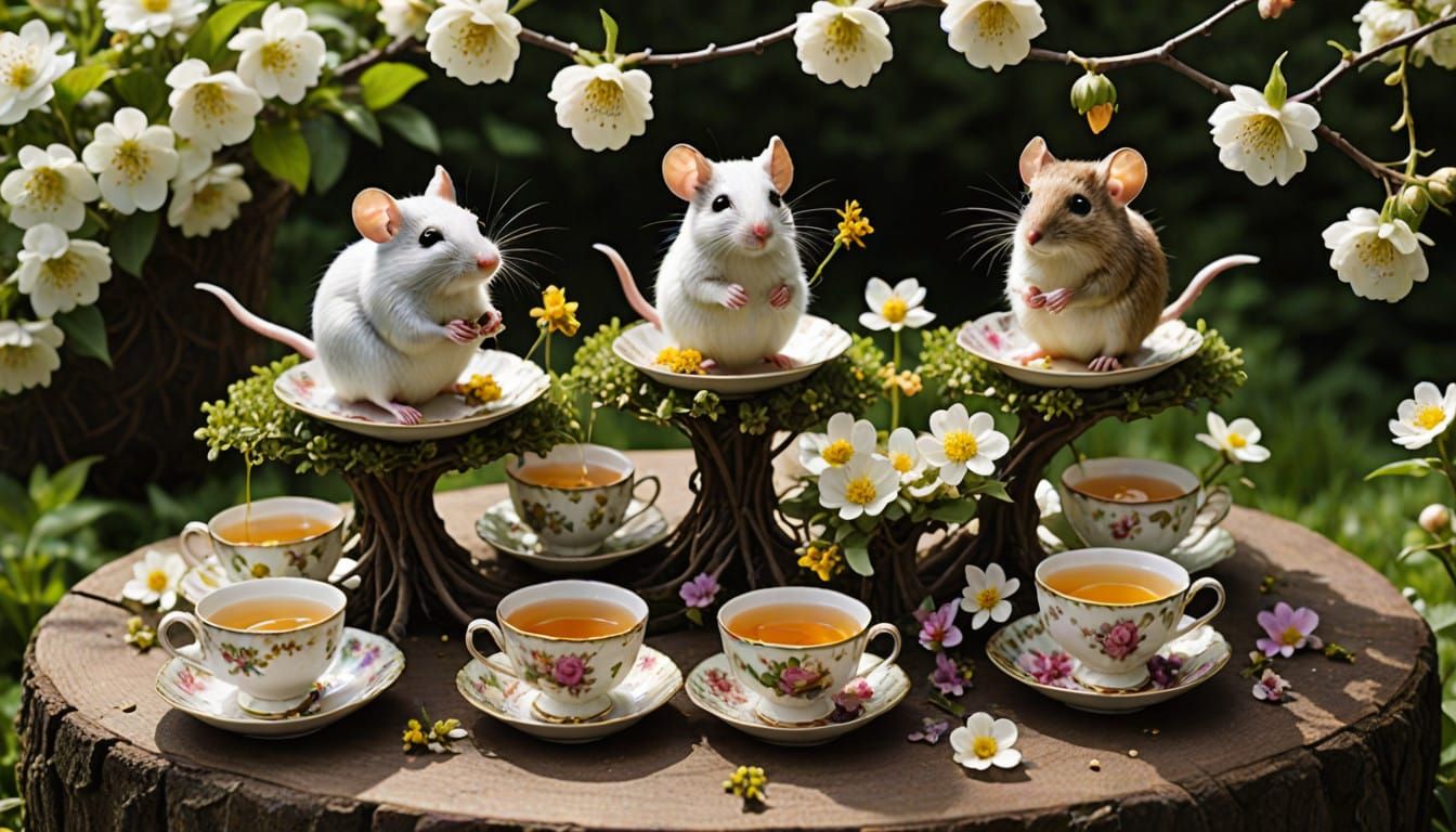 Mice Host Whimsical Flower Tea Party in a Delicate... - AI Art