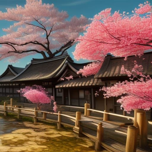 wonderful cherry blossom japan village, Doig, Borillo - AI Generated Artwork - NightCafe Creator