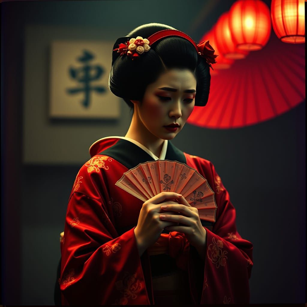 Ethereal Geisha in Dark Red and Black Kimono, Ador... - AI Art
