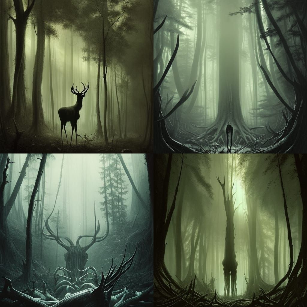 deep dark forest with a big skeletal deer like monster standing. horror Gustave Doré Greg ...