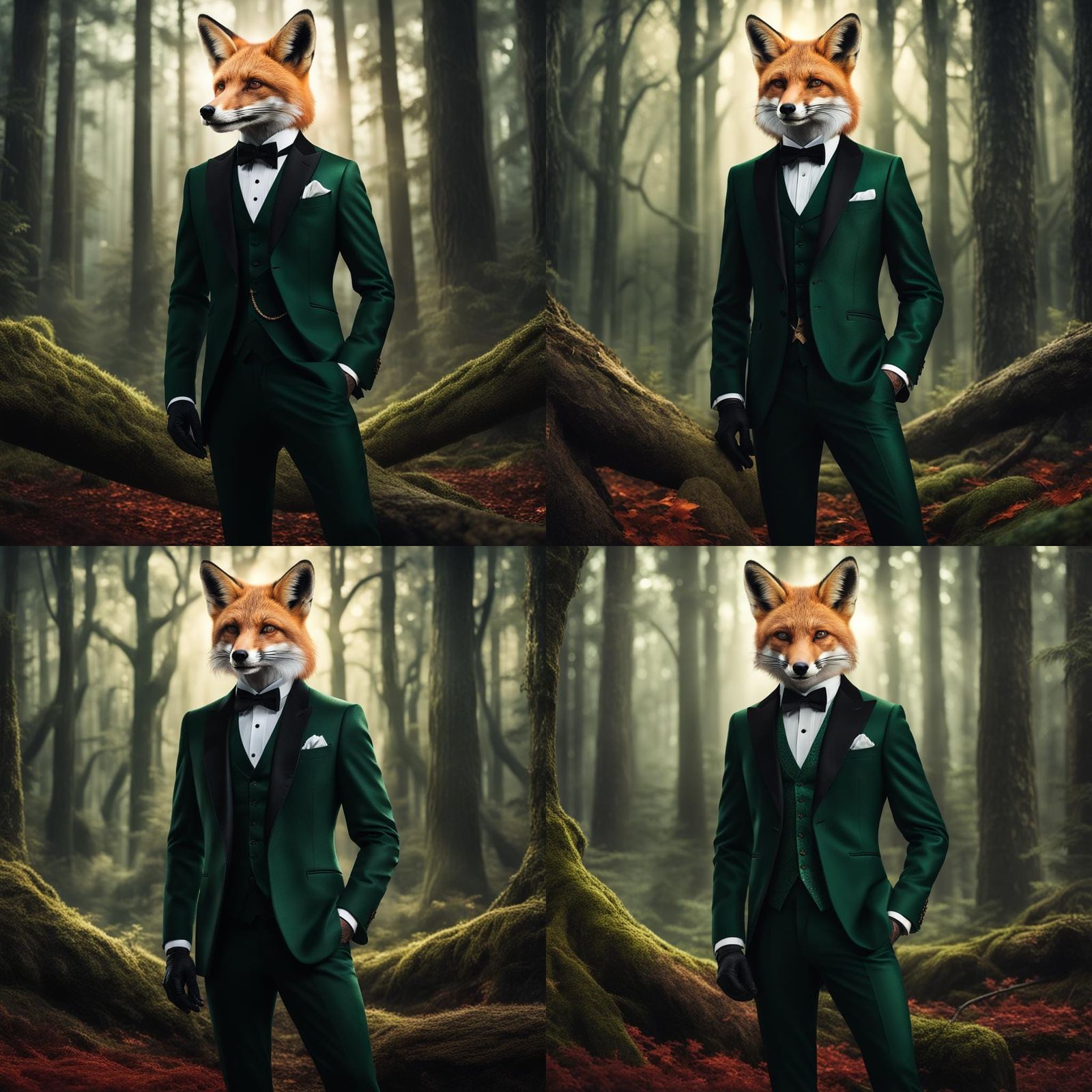 red fox person wearing dark green tuxedo standing in the forest - AI ...