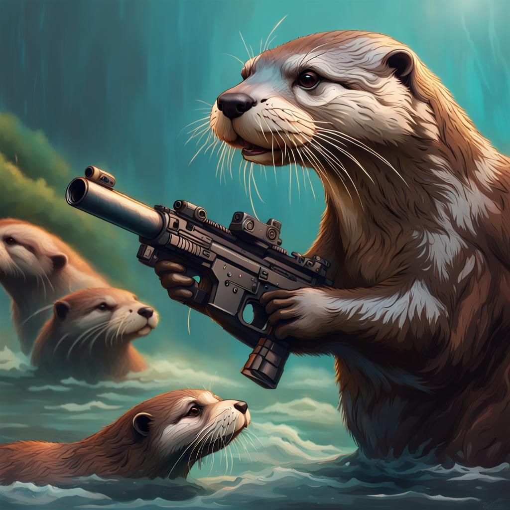 an otter holding a MK18 trying to control rowdy children - AI Generated ...