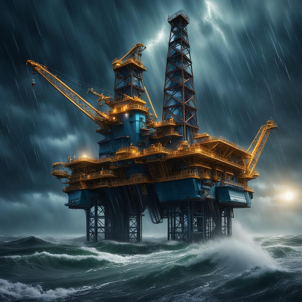 A drilling rig in the middle of a force 9 storm in the north Atlantic ...