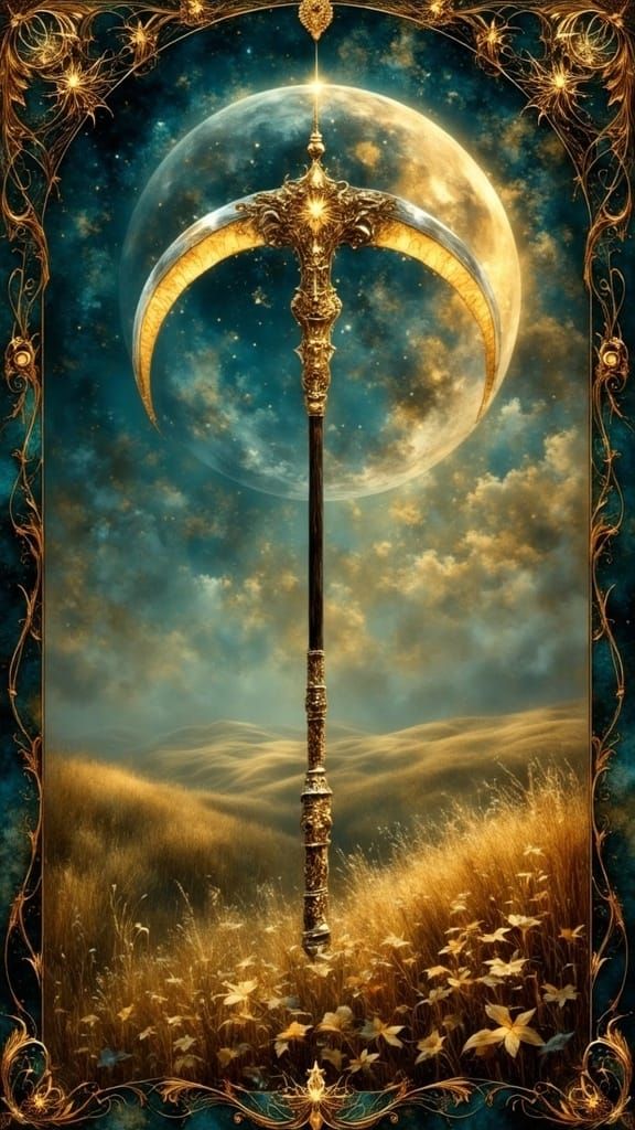 a gleaming, enchanted silver scythe with a dark wooden handle wrapped ...
