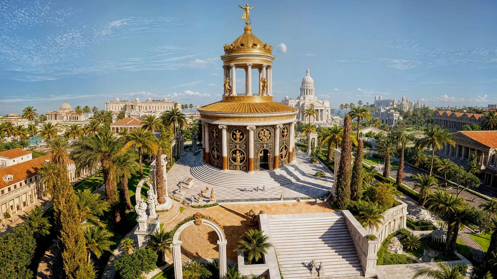 A grand, circular Roman temple with a golden roof stands prominently in ...