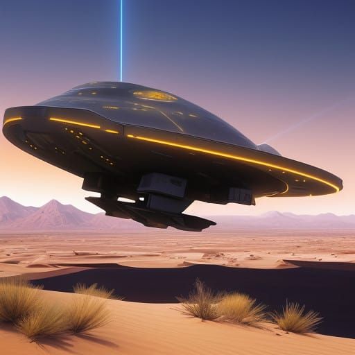 Sleek Futuristic Flying Object Soars Through Deser... - AI Art