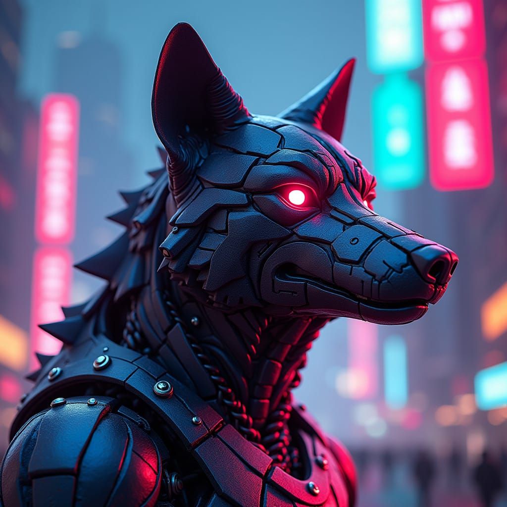 a mechanical transformer of a wolf, cyberpunk, neon city, vibrant lighting
