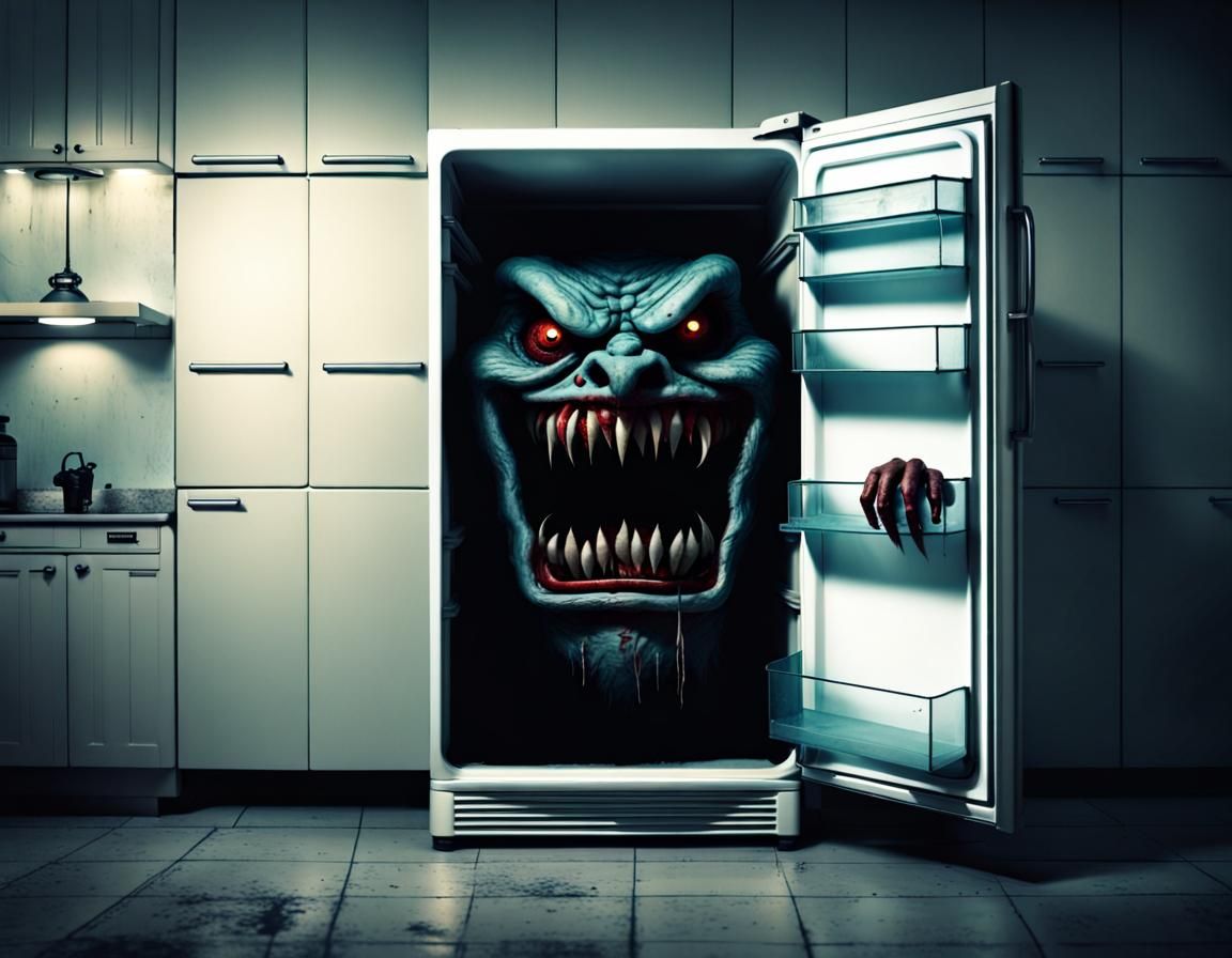 Horror scene. Old dirty fridge, door being stretched from within in the ...