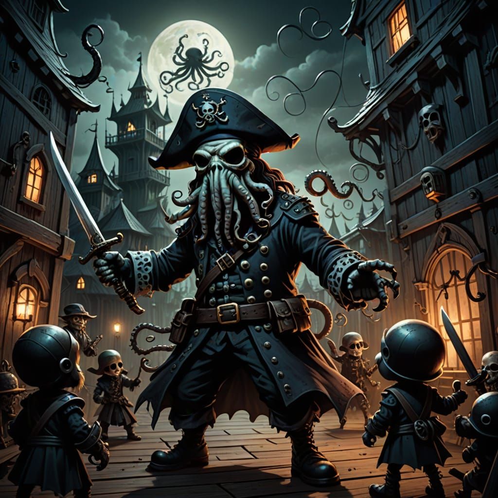 Octopus Pirate Fencing Class in Dark Fantasy Style - AI Art
