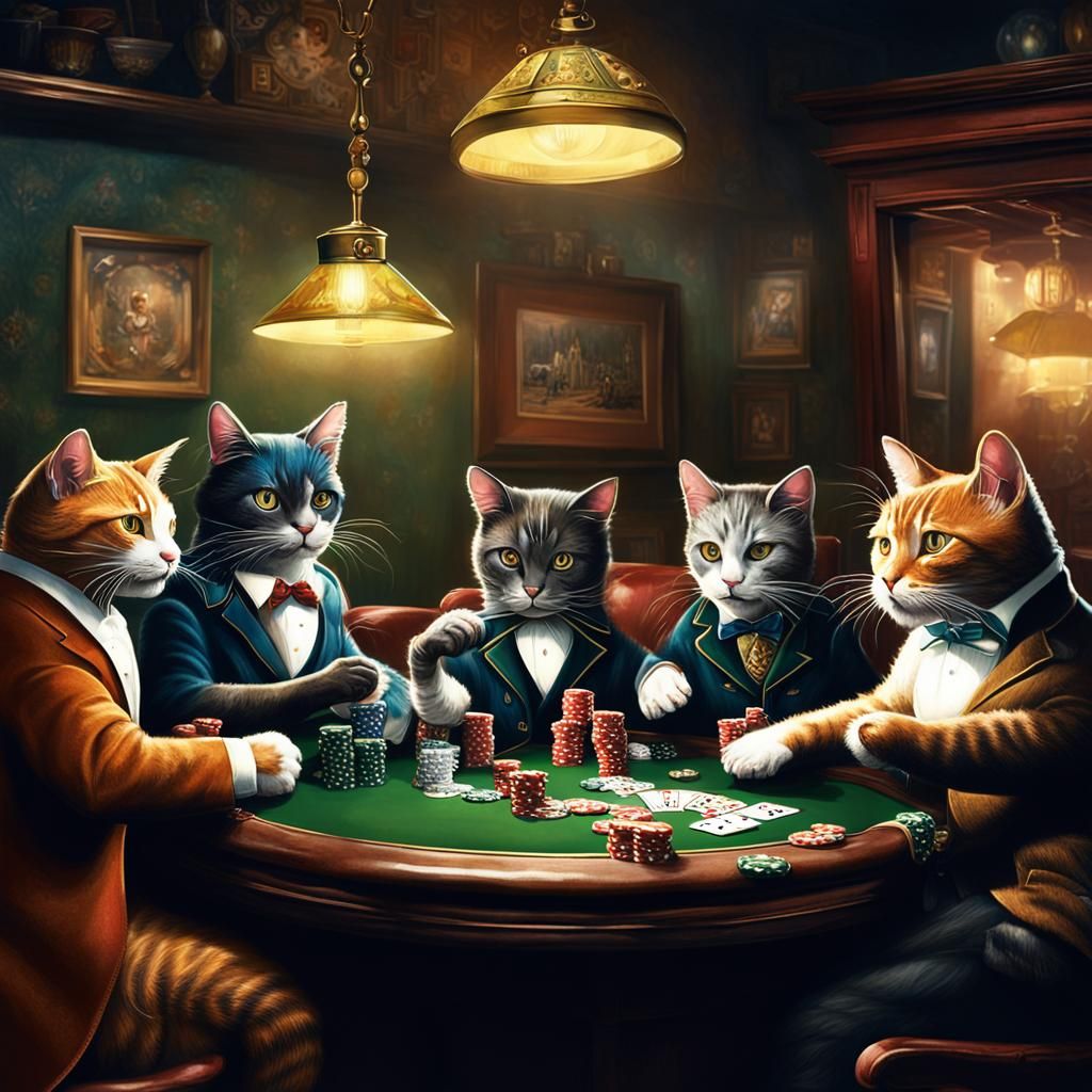 Cats dressed in 1920s style playing poker sit in the corner of an ...