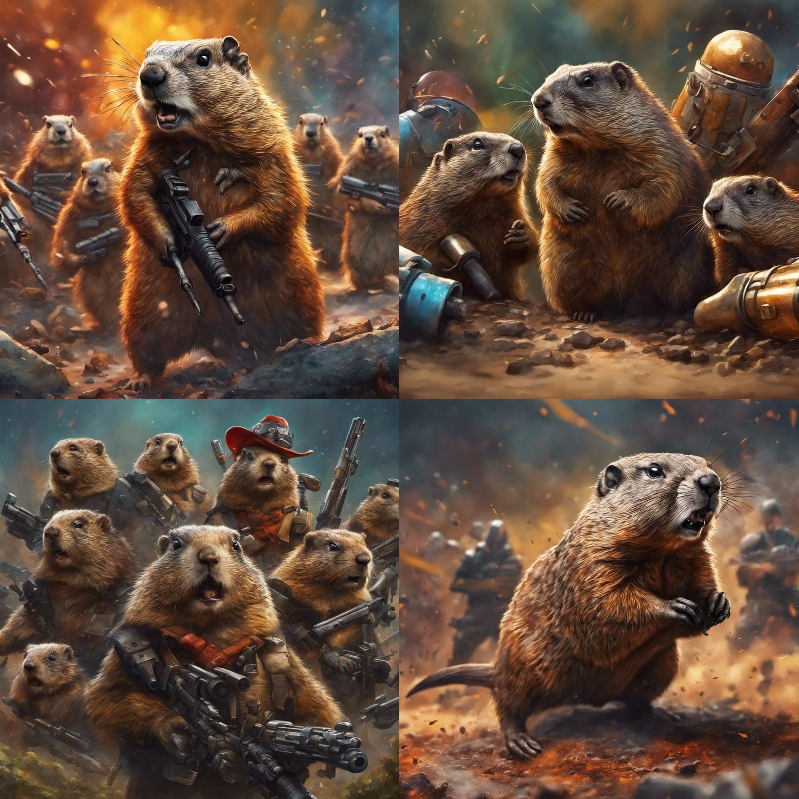 Groundhog warriors gathering, modern weapons around, small and large groundhogs - AI Generated ...