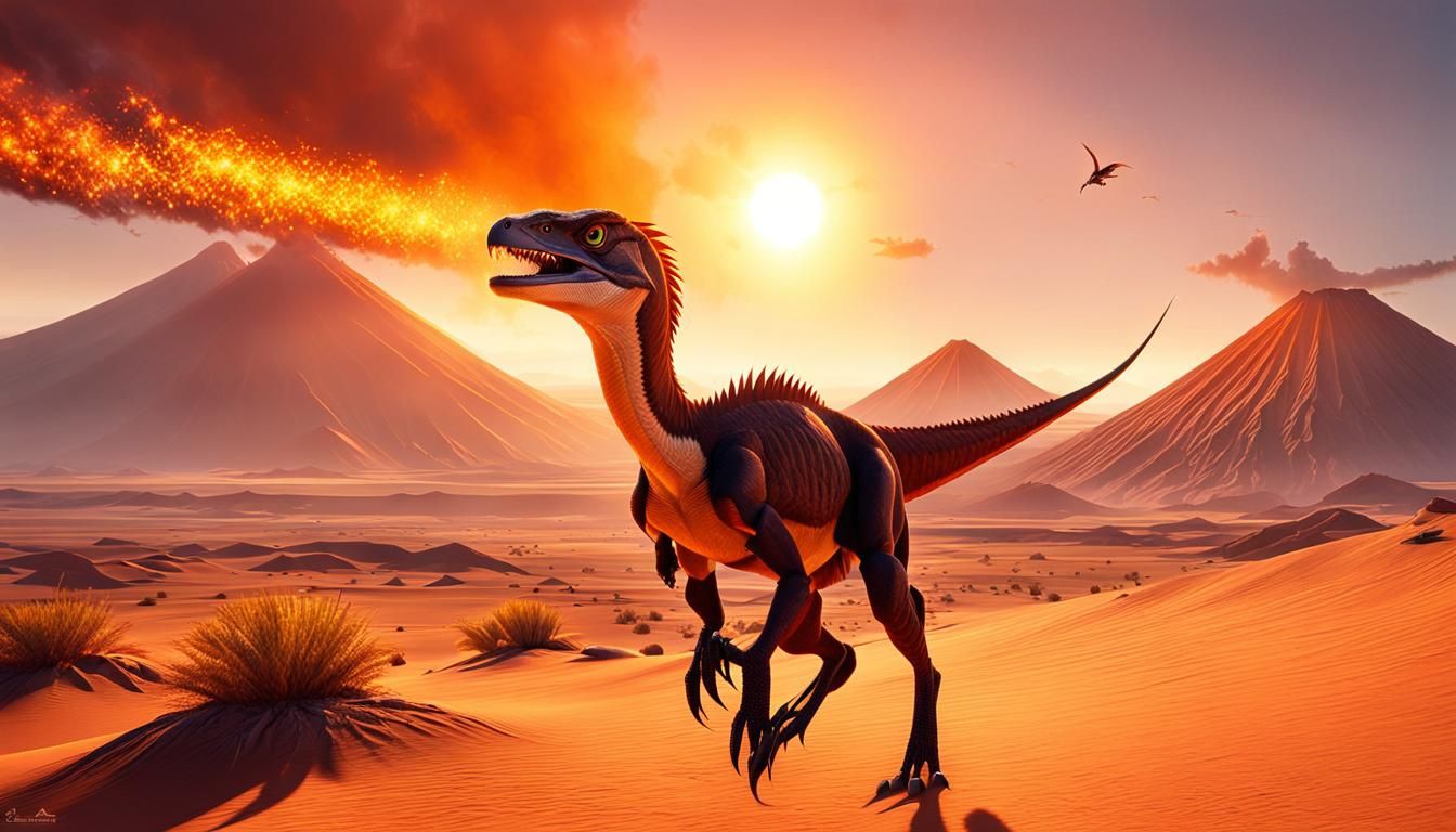 Utahraptor running in the prehistoric desert. Volcano in the background ...