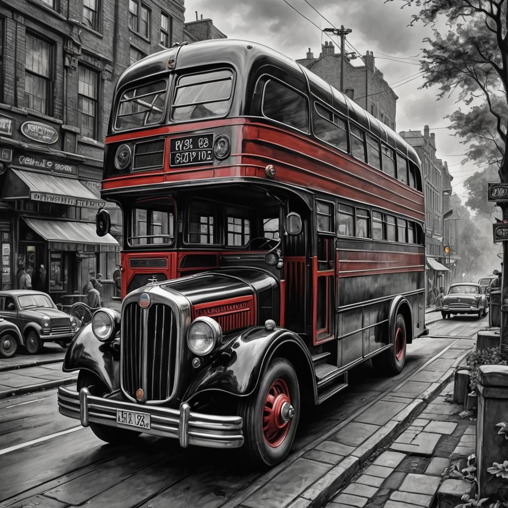 1946 Piano Black with Red Stripes, Leyland Tiger bus - AI Generated ...