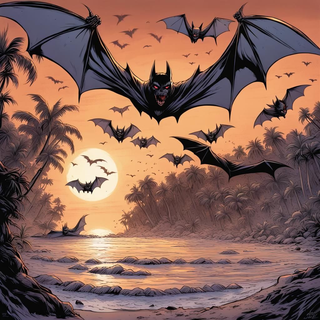 Killer bats descend on bikini beach - AI Generated Artwork - NightCafe Creator