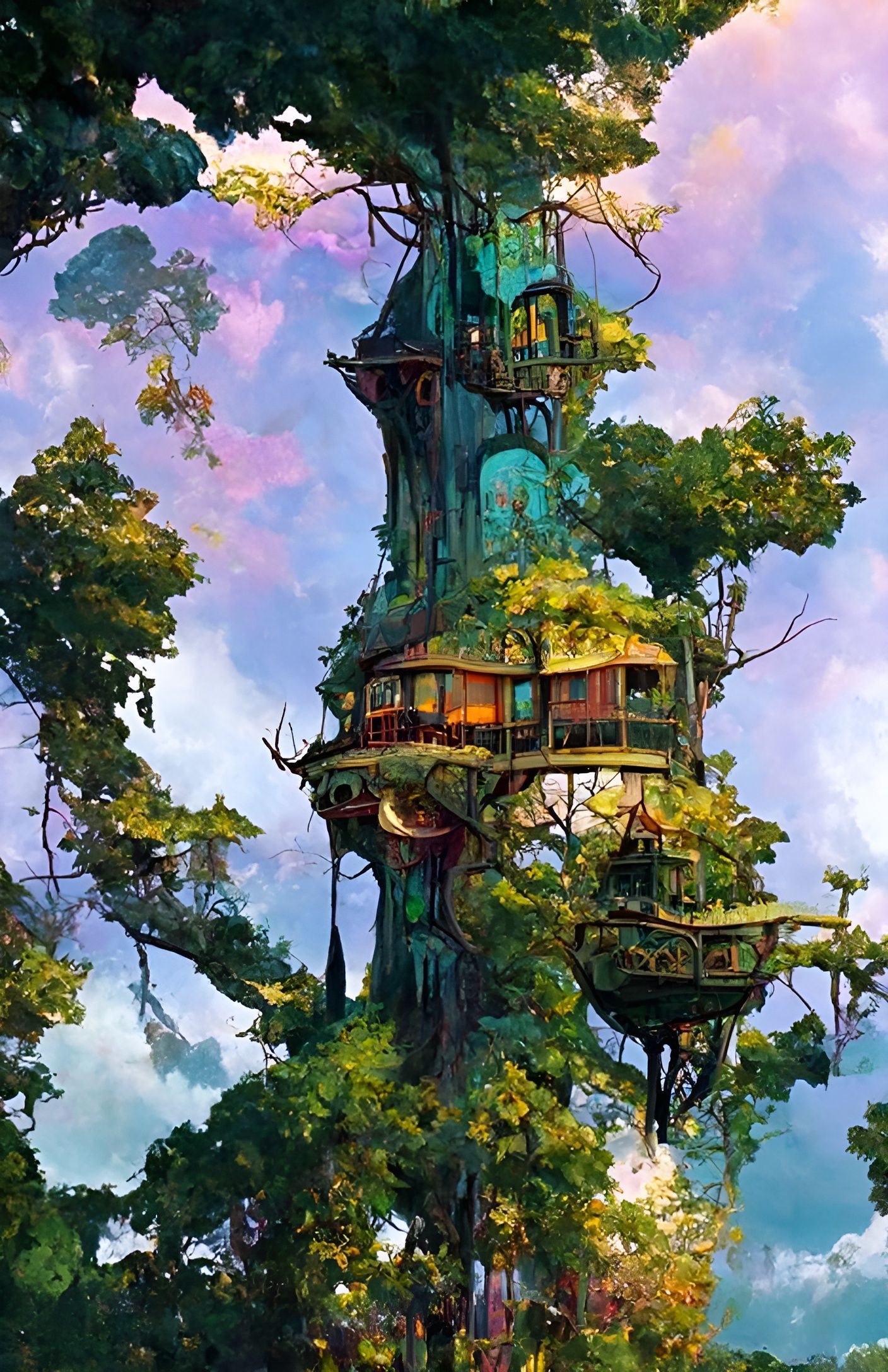 Enchanted treehouse on top of the forest - AI Generated Artwork ...